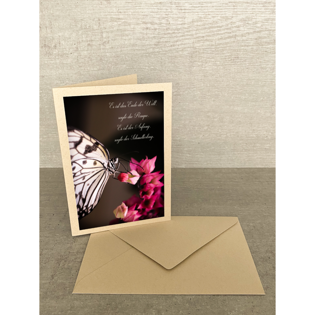 Trauerkarte Weisser Schmetterling an pinker Blume mit Trauertext